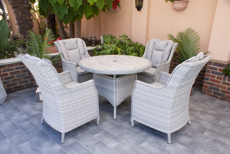 Corfu Stone 110cm Round Dining Set with Ceramic Glass Top – Firmans Direct