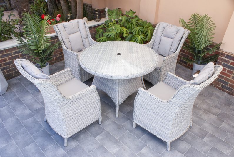 Corfu Stone 110cm Round Dining Set with Standard Glass Top – Firmans Direct