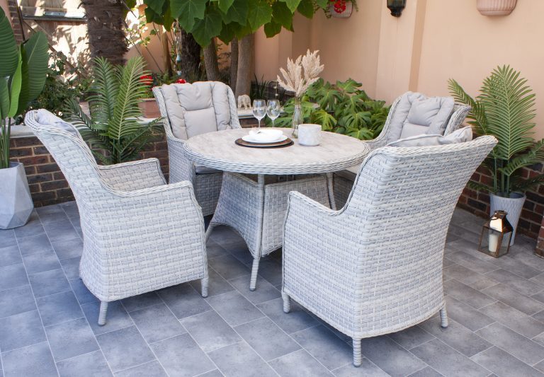 Corfu Stone 110cm Round Dining Set with Standard Glass Top – Firmans Direct