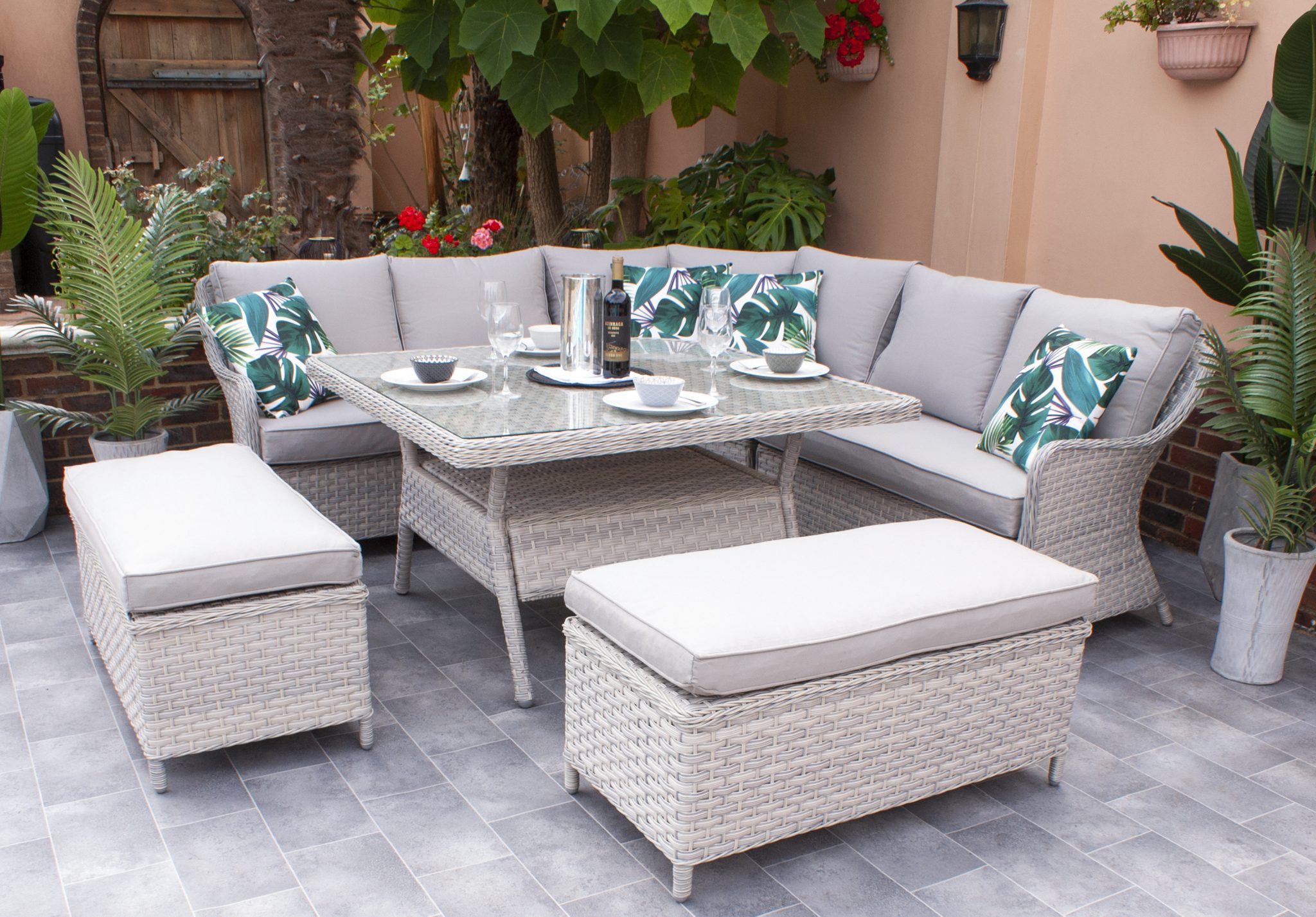 Corfu Stone Corner Dining Set with Benches – Firmans Direct