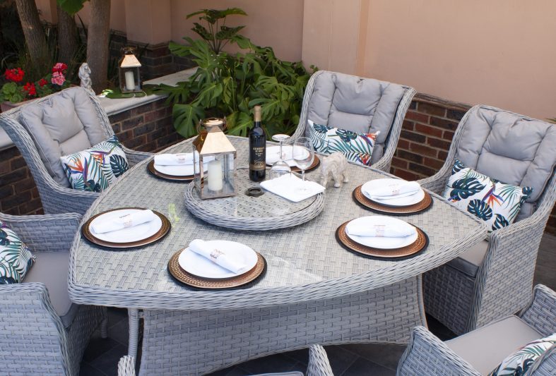 Corfu Stone 160cm Triangular Dining Table with 6 Chairs – Firmans Direct